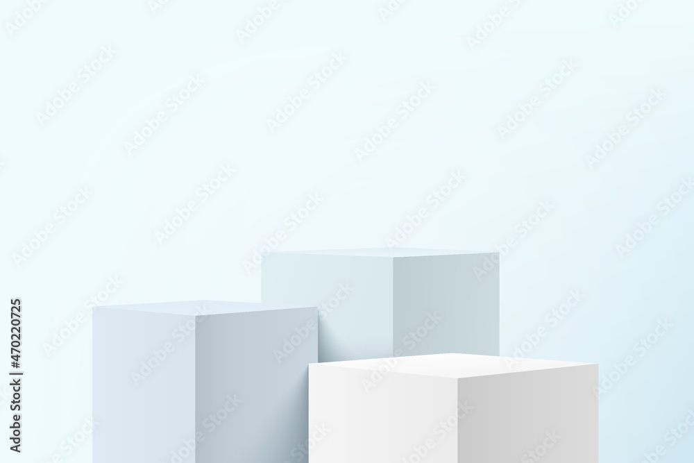 White and blue realistic 3D steps cube stand podium set with shadow and ...