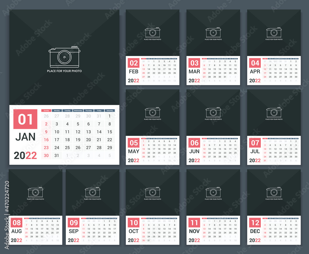 2022 Calendar template, week starts on Sunday, a3 size, place for your ...