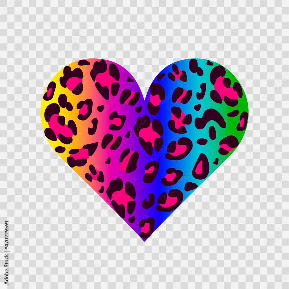 Bright leopard heart on a transparent background. Rainbow colors ...