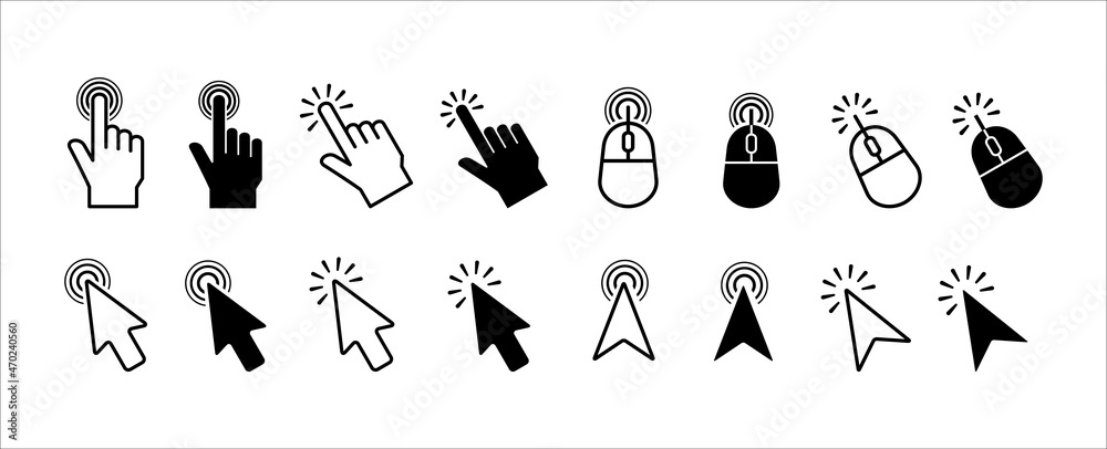 Mouse click cursor icon set. Hand finger and arrow cursor pointer ...