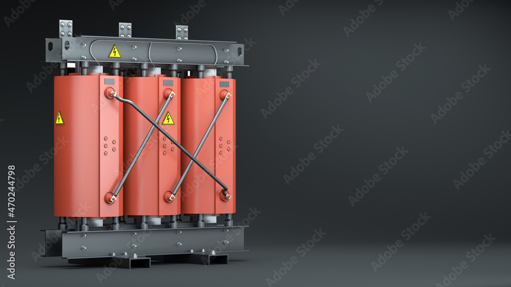 Power transformer for electric power industry on a dark background. Dry ...