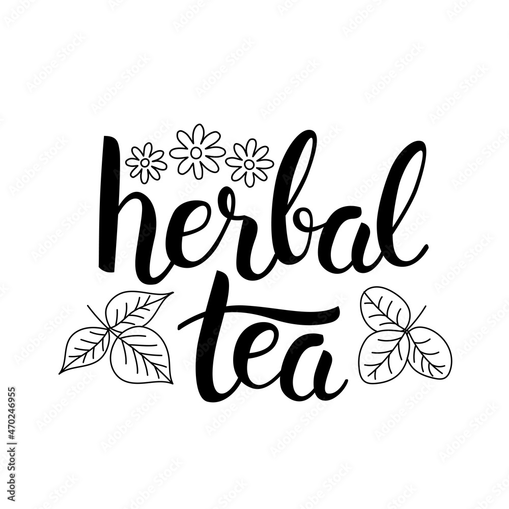 Herbal tea lettering line art leaves and flowers. Hand drawn ...