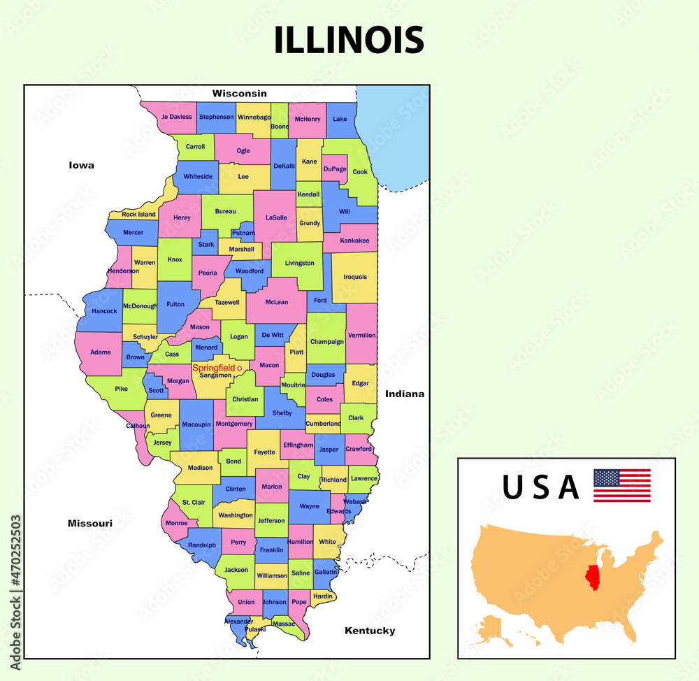 Illinois Map. Political map of Illinois with boundaries. Stock ...