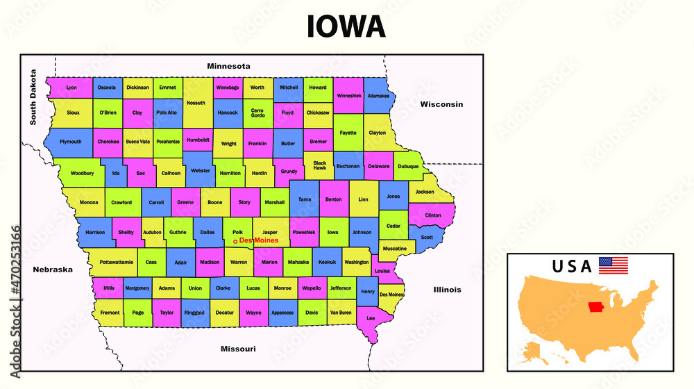 Iowa Map. State and district map of Iowa. Political map of Iowa with ...