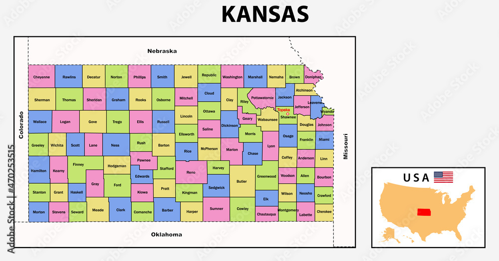 Kansas Map. Political map of Kansas with boundaries. Stock Illustration ...