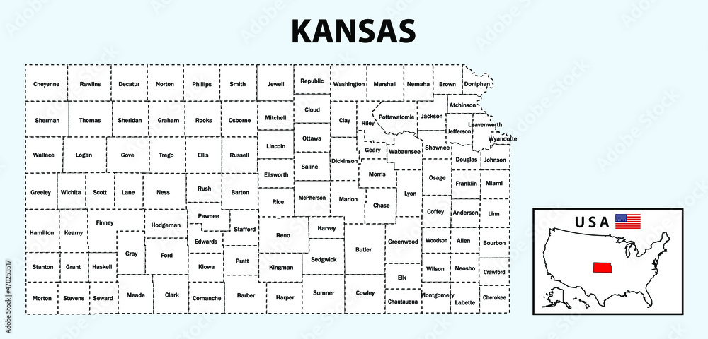 Kansas Map. State and district map of Kansas. Political map of Kansas ...