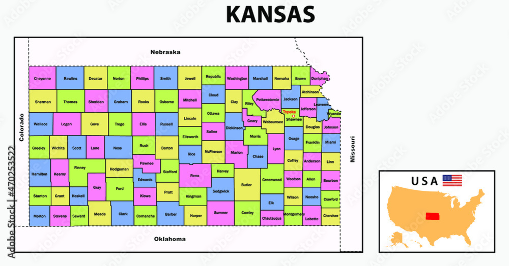 Kansas Map. Political map of Kansas with boundaries. Stock Vector ...