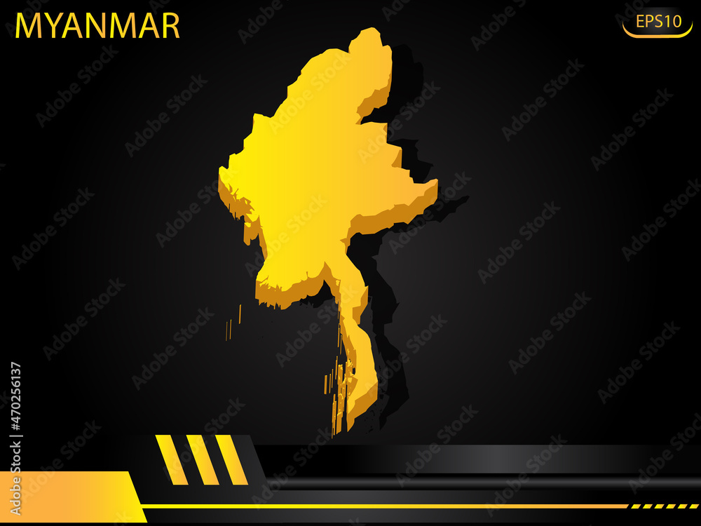isometric map yellow of Myanmar on background yellow black frame design ...