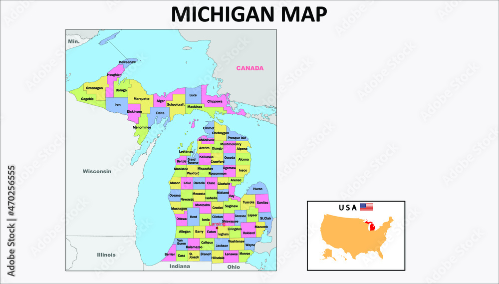 Michigan Map. State and district map of Michigan. Political map of ...