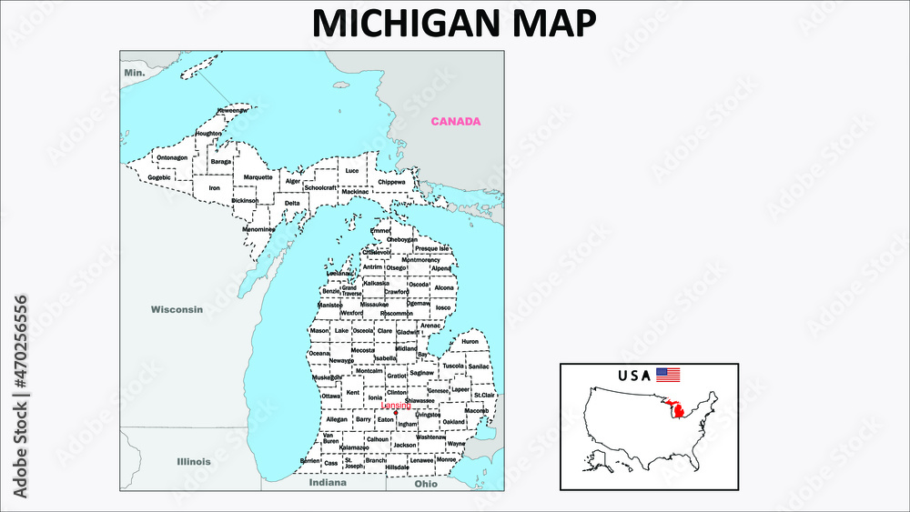 Michigan Map. Political map of Michigan with boundaries in white color ...