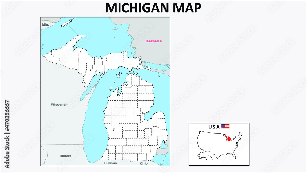 Michigan Map. Political map of Michigan with boundaries in Outline ...