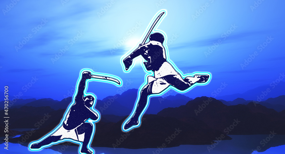 Illustration of South Indian people performing Kalaripayattu sword ...