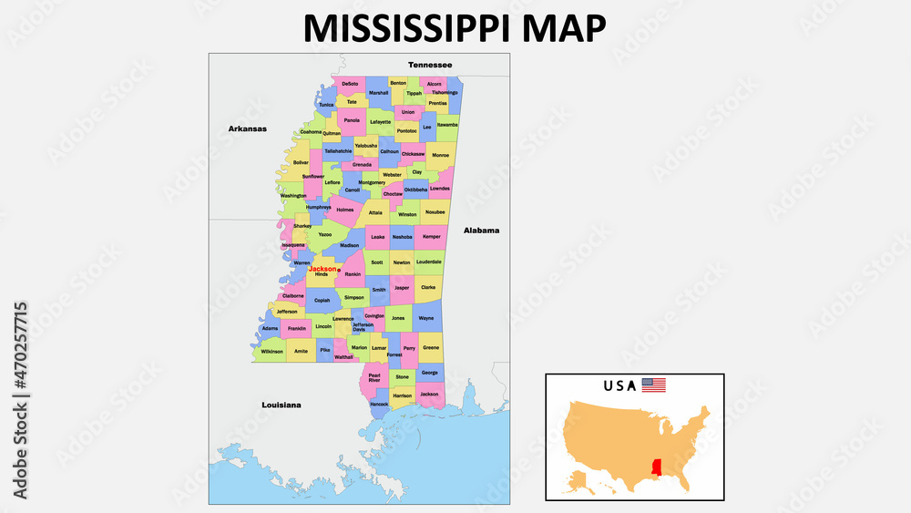 Mississippi Map. State and district map of Mississippi. Political map ...
