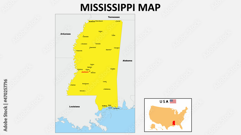Mississippi Map. State and district map of Mississippi. Political map ...