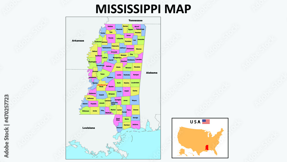 Mississippi Map. State and district map of Mississippi. Political map ...