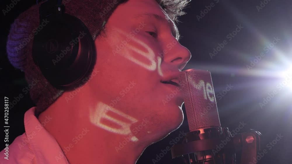 Close up face man singer, vocalist and microphone on music concert in ...