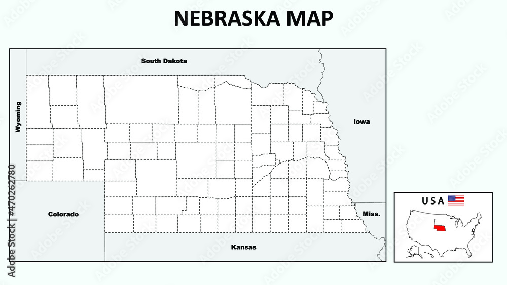 Nebraska Map. Political map of Nebraska with boundaries in Outline ...