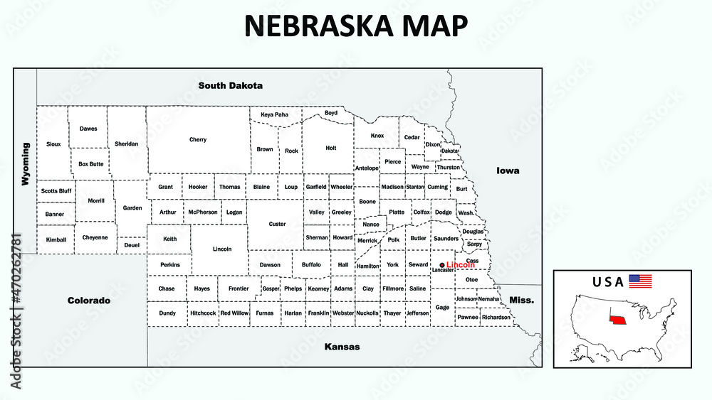 Nebraska Map. Political map of Nebraska with boundaries in white color ...