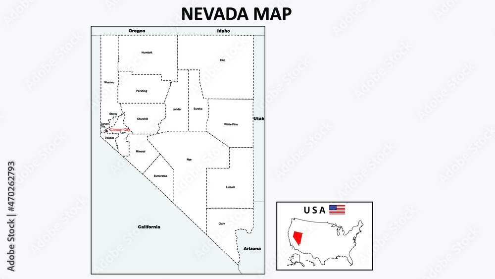 Nevada Map. Political map of Nevada with boundaries in white color ...