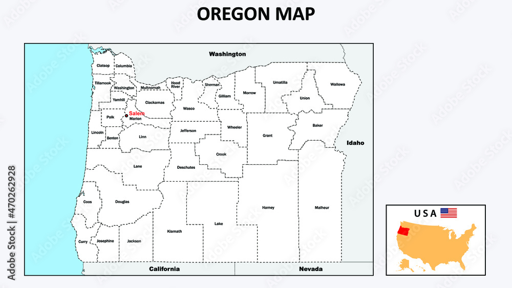 Oregon Map. Political map of Oregon with boundaries in white color ...