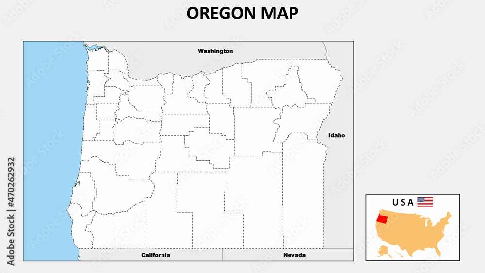 Oregon Map. Political map of Oregon with boundaries in Outline. Stock ...