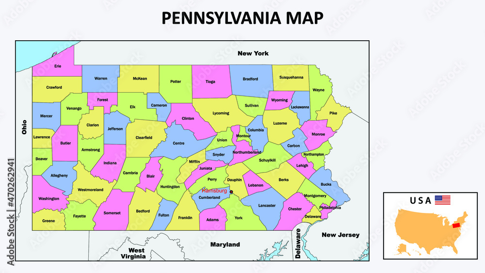 Pennsylvania Map. State and district map of Pennsylvania. Political map ...