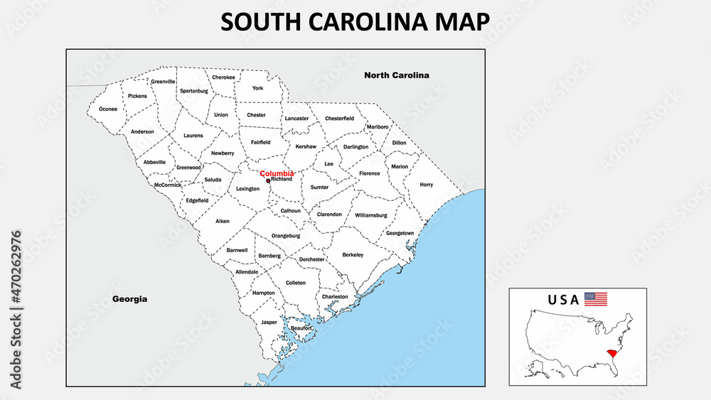 South Carolina Map. Political map of South Carolina with boundaries in ...