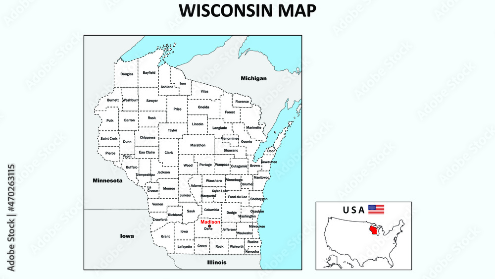 Wisconsin Map. Political map of Wisconsin with boundaries in white ...