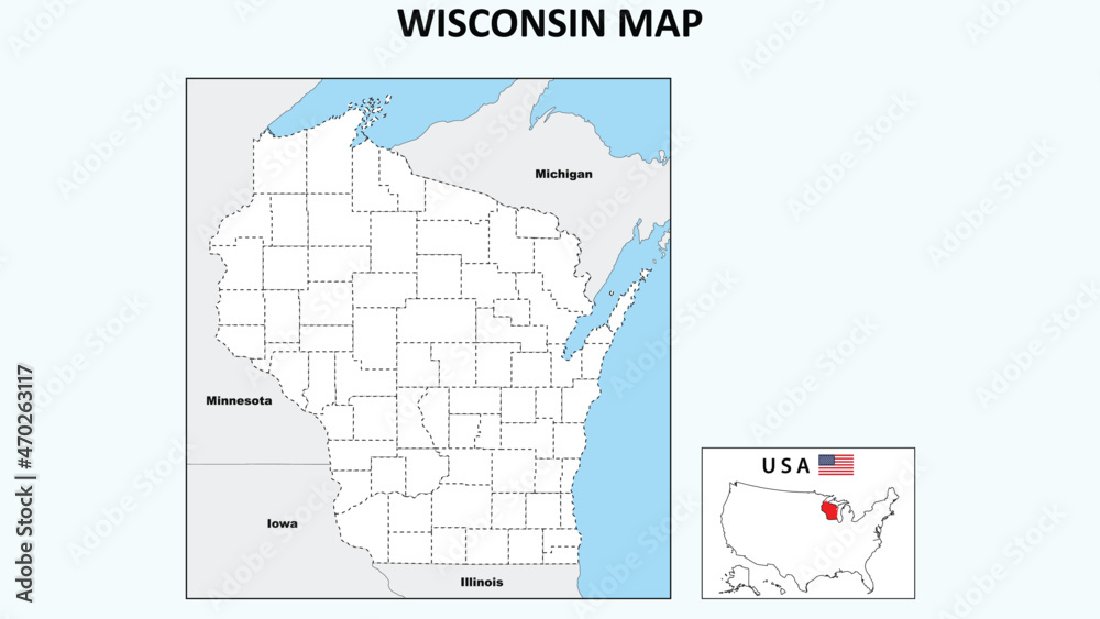 Wisconsin Map. Political map of Wisconsin with boundaries in Outline ...