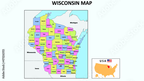 Plakat Wisconsin Map. State and district map of Wisconsin. Political ...