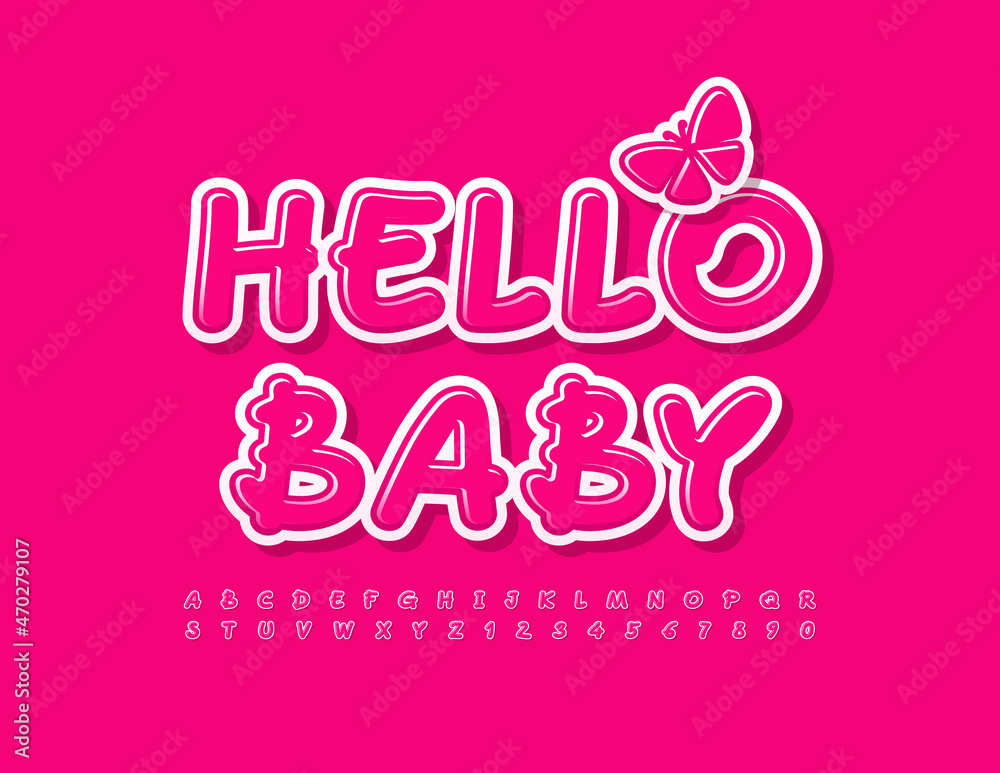 Vector Playful Emblem Hello Baby with decorative Butterfly. Handwritten Pink Font. Children ...