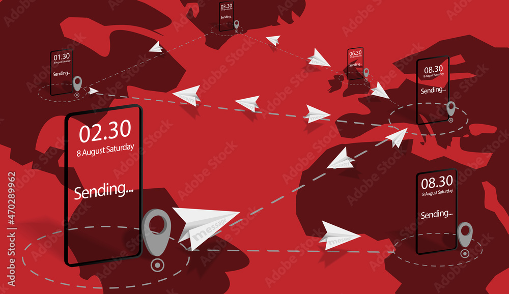 Sending messages by phone from one point to another on the world map ...