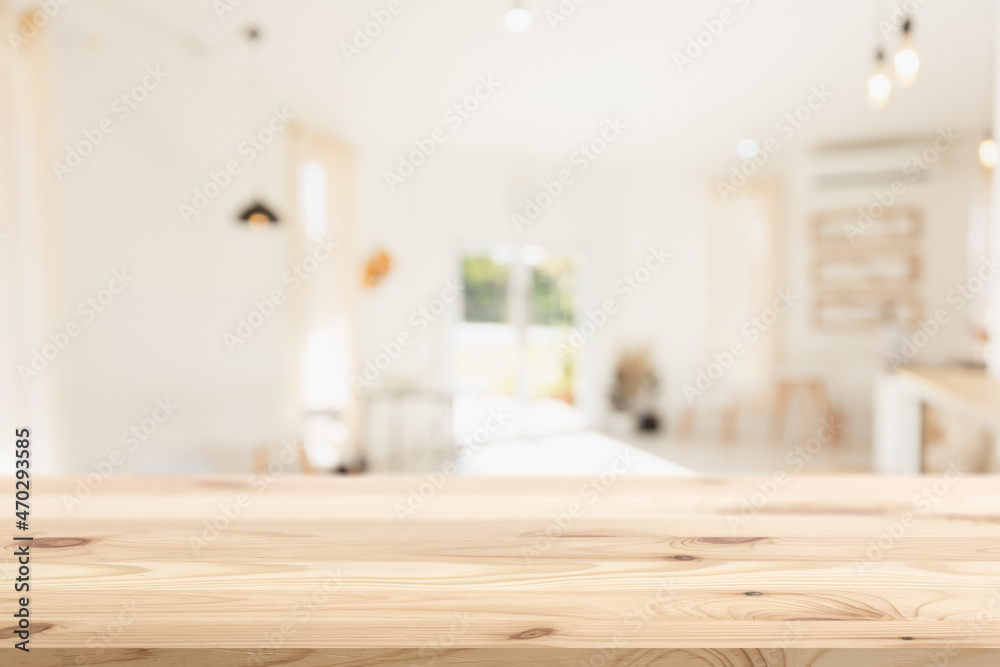 Empty wood table with blur coffee shop background clean bright light ...