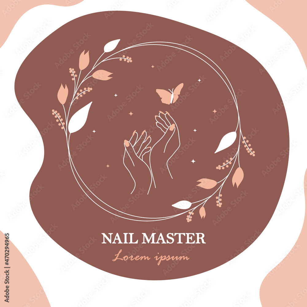 Hand logo in a minimal linear style.Elegant floral frame with hand and ...