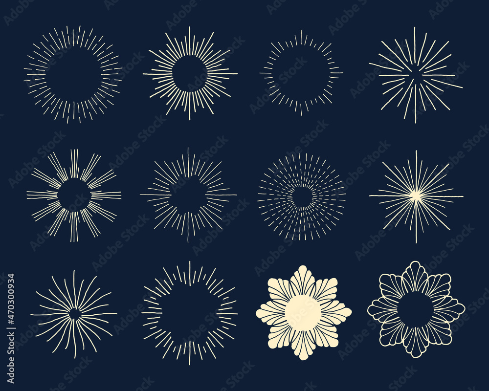 different hand written sunburst elements. signs and symbols of hand ...