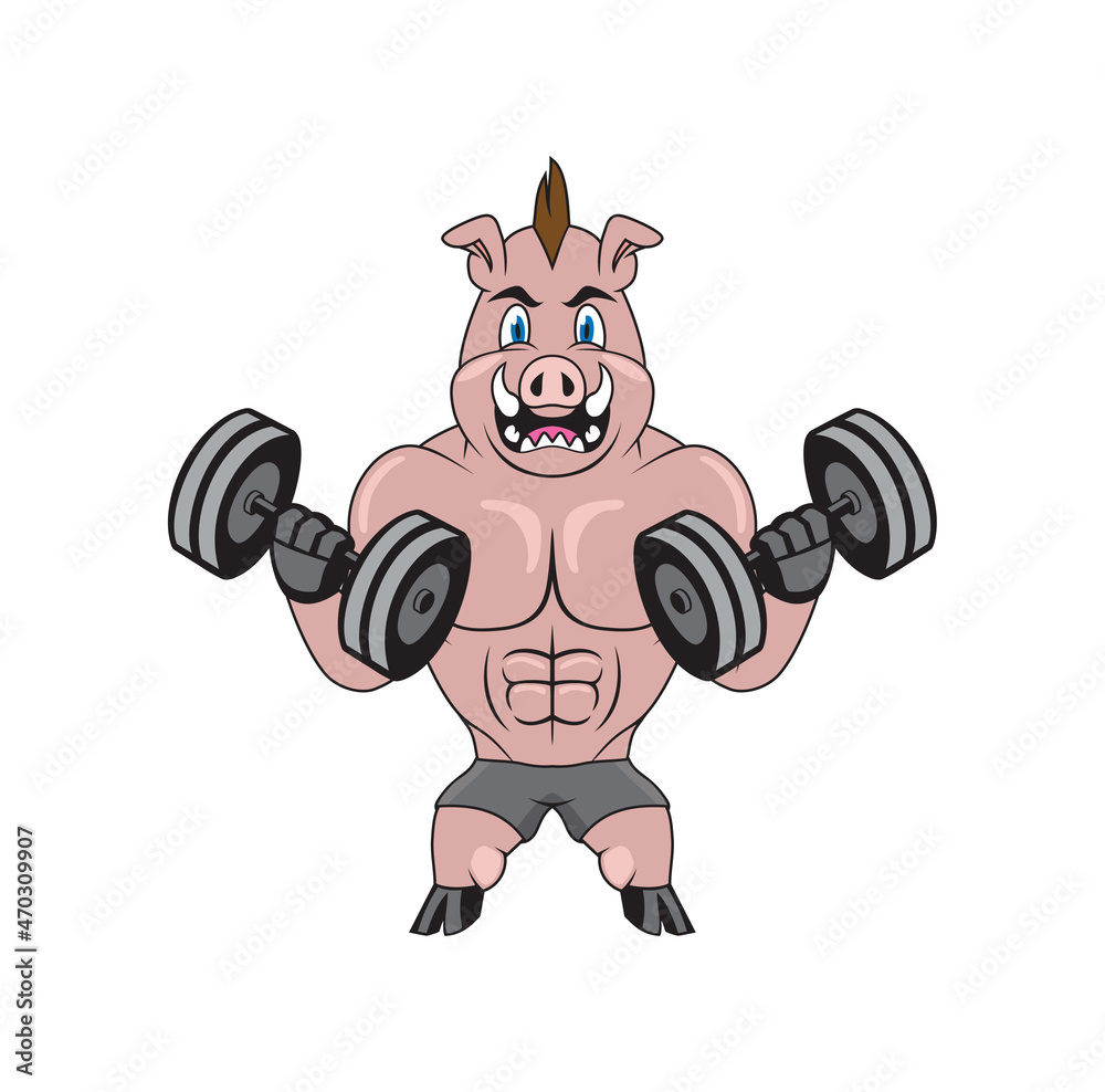 Pig fitness bodybuilder cartoon character design illustration vector ...