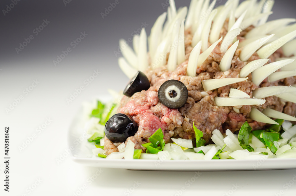 Traditional German dish called Mettigel,.Mett served as a Mett hedgehog ...