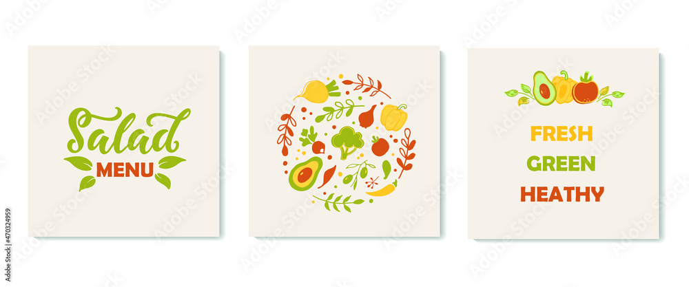 Salad menu text with leaves and vegetables. Hand lettering typography ...