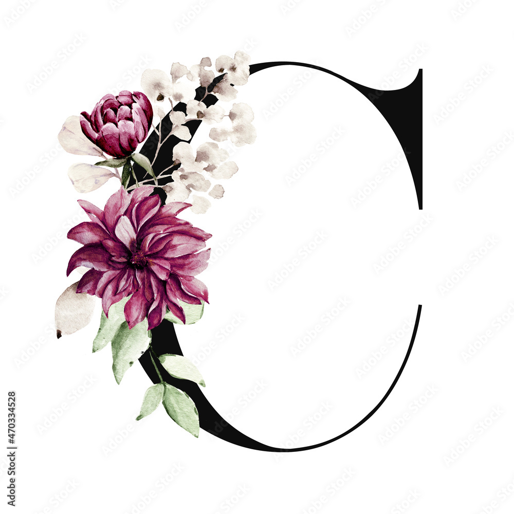 Floral alphabet, letter c with watercolor flowers and leaf. Monogram ...