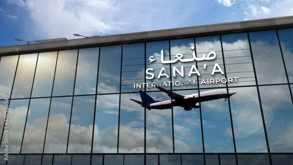 Plane landing at Sana'a, Sanaa, Yemen 3D rendering animation. Arrival ...