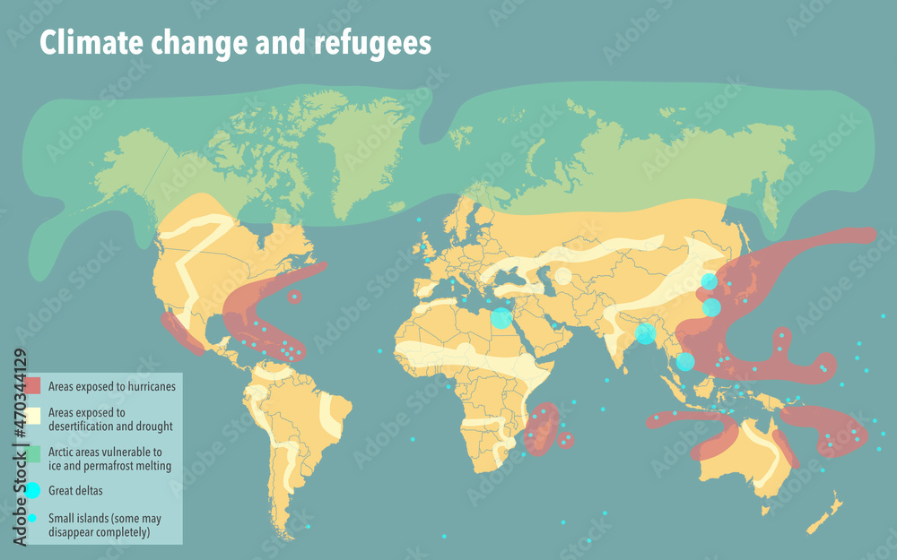The climate change and environmental refugee world map Stock ...