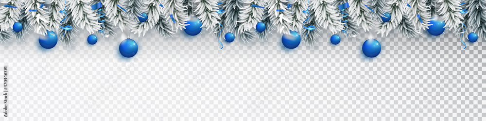 Blue Christmas border with fir silver branch blue balls. Traditional ...