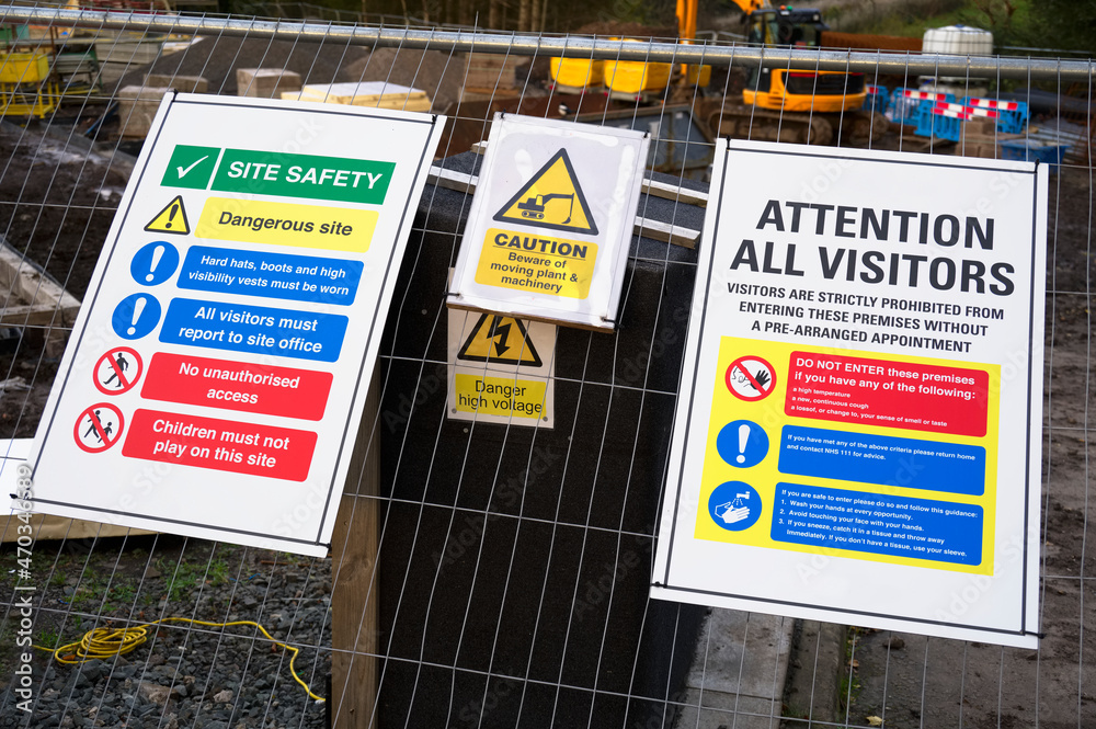 Construction site health and safety message rules sign board signage on ...