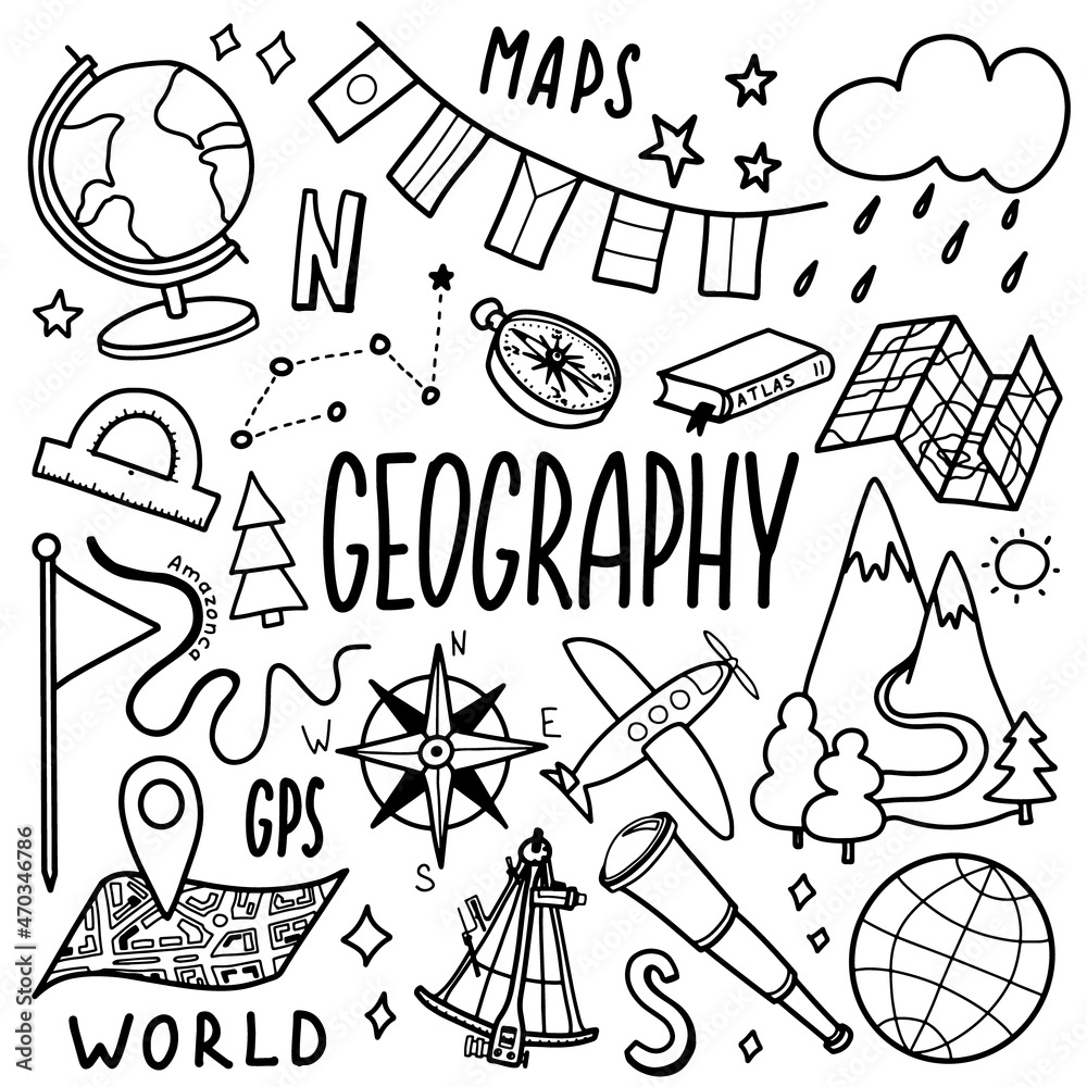 Geography symbols icon set. School subject design. Education outline ...