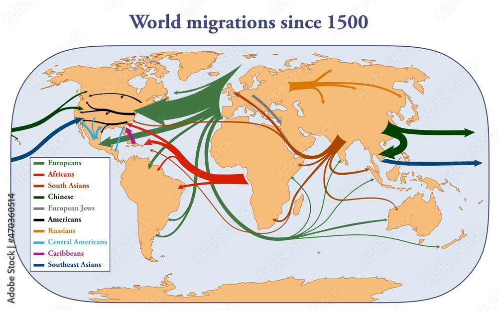World map of major population migrations since 1500 Stock Illustration ...