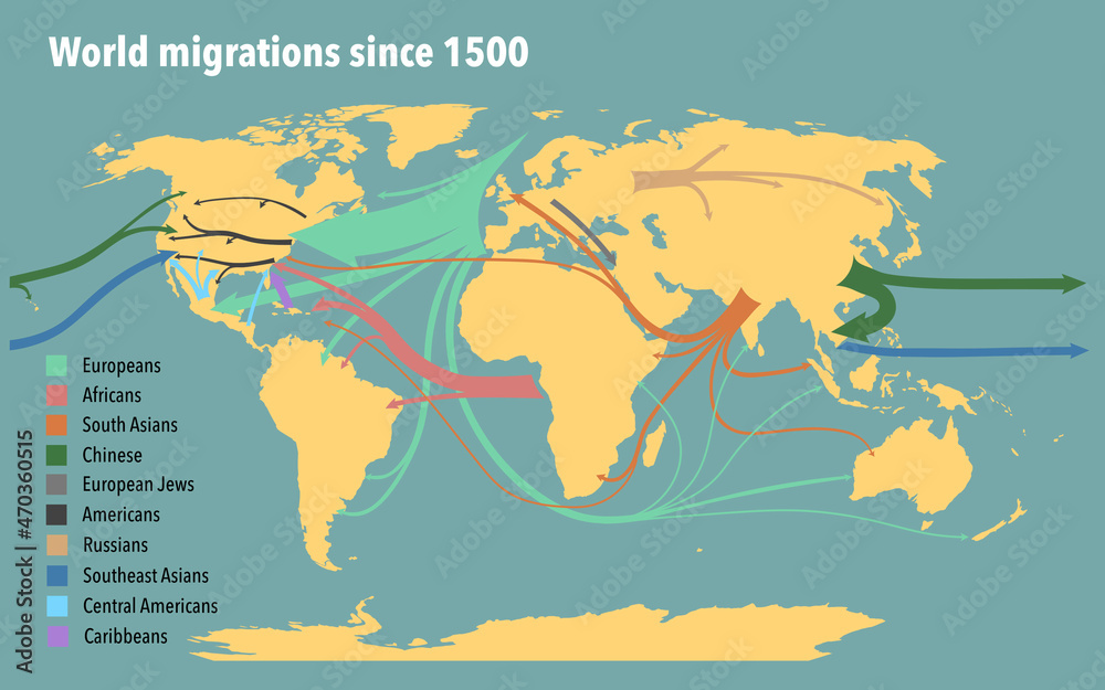 World map of major population migrations since 1500 Stock Illustration ...