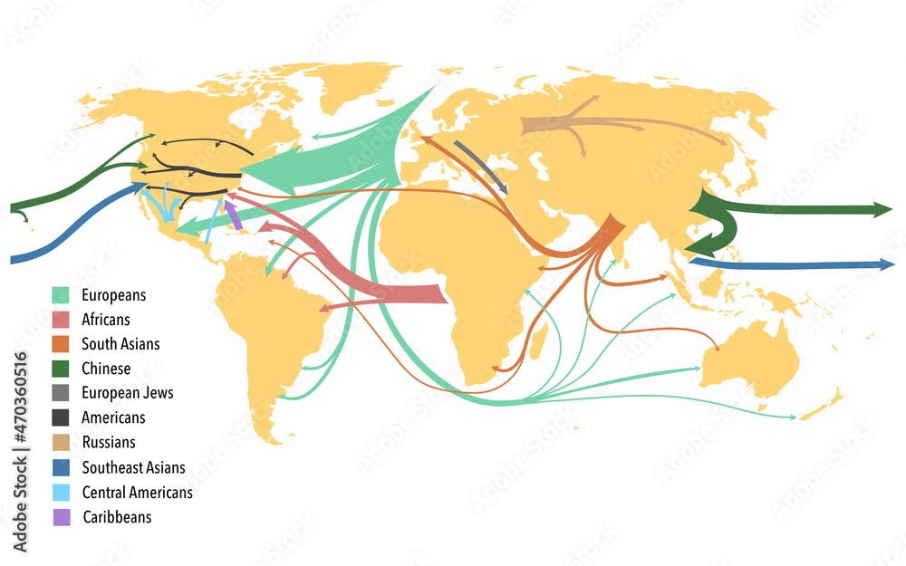 World map of major population migrations since 1500 Stock Illustration ...