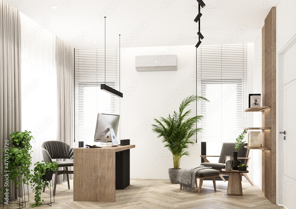 Home office design with warm tones and wood with working desk ...