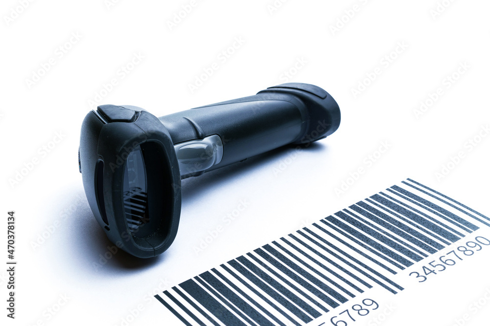 Barcode scanning. Reader laser scanner for warehouse. Retail label ...