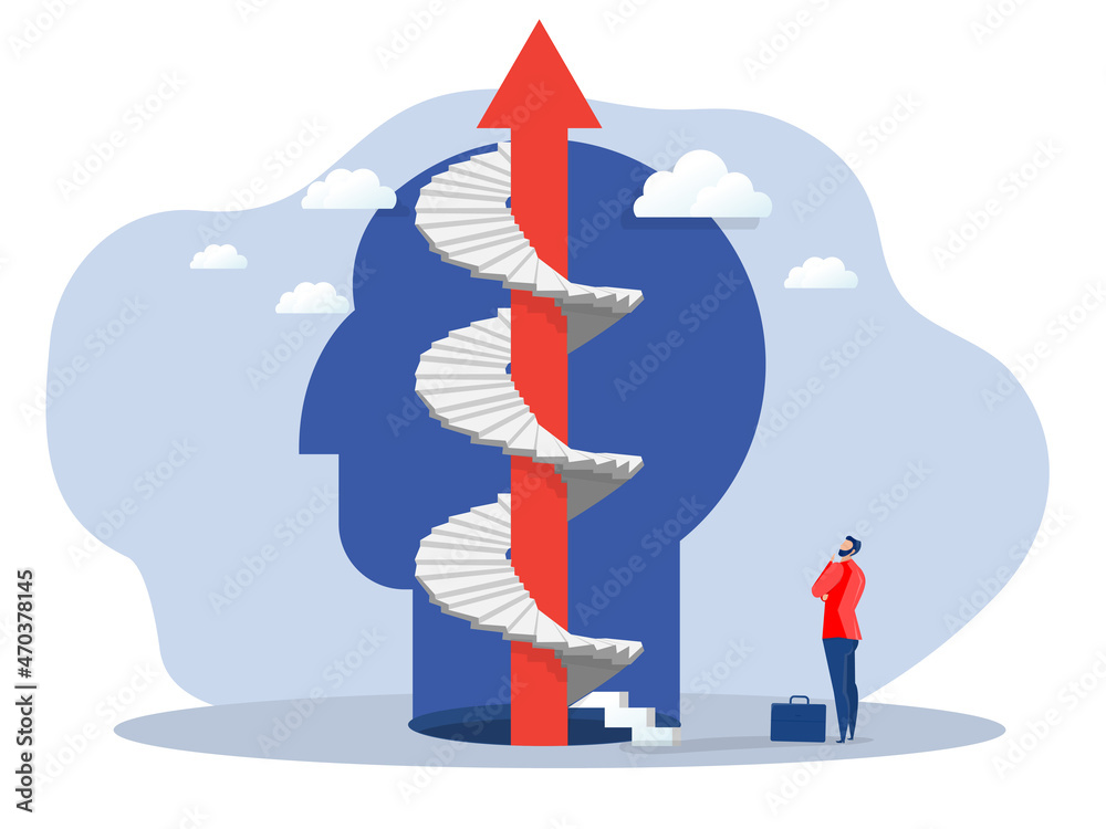 Businessman looking stair to goal , vision and opportunities on head ...